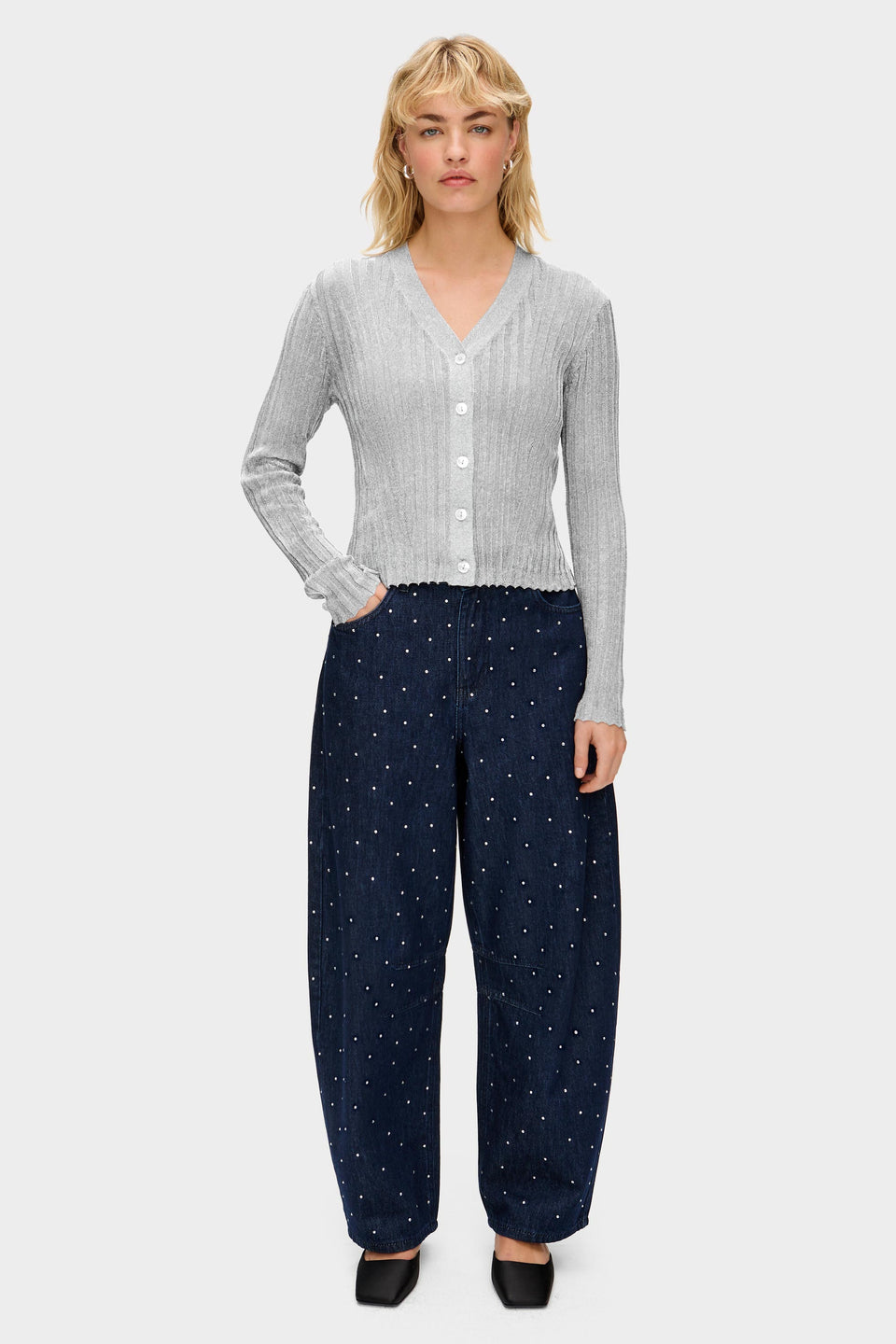 ALIGNE Sparkle V-Neck Knitted Cardigan - Silver | MICHELLE