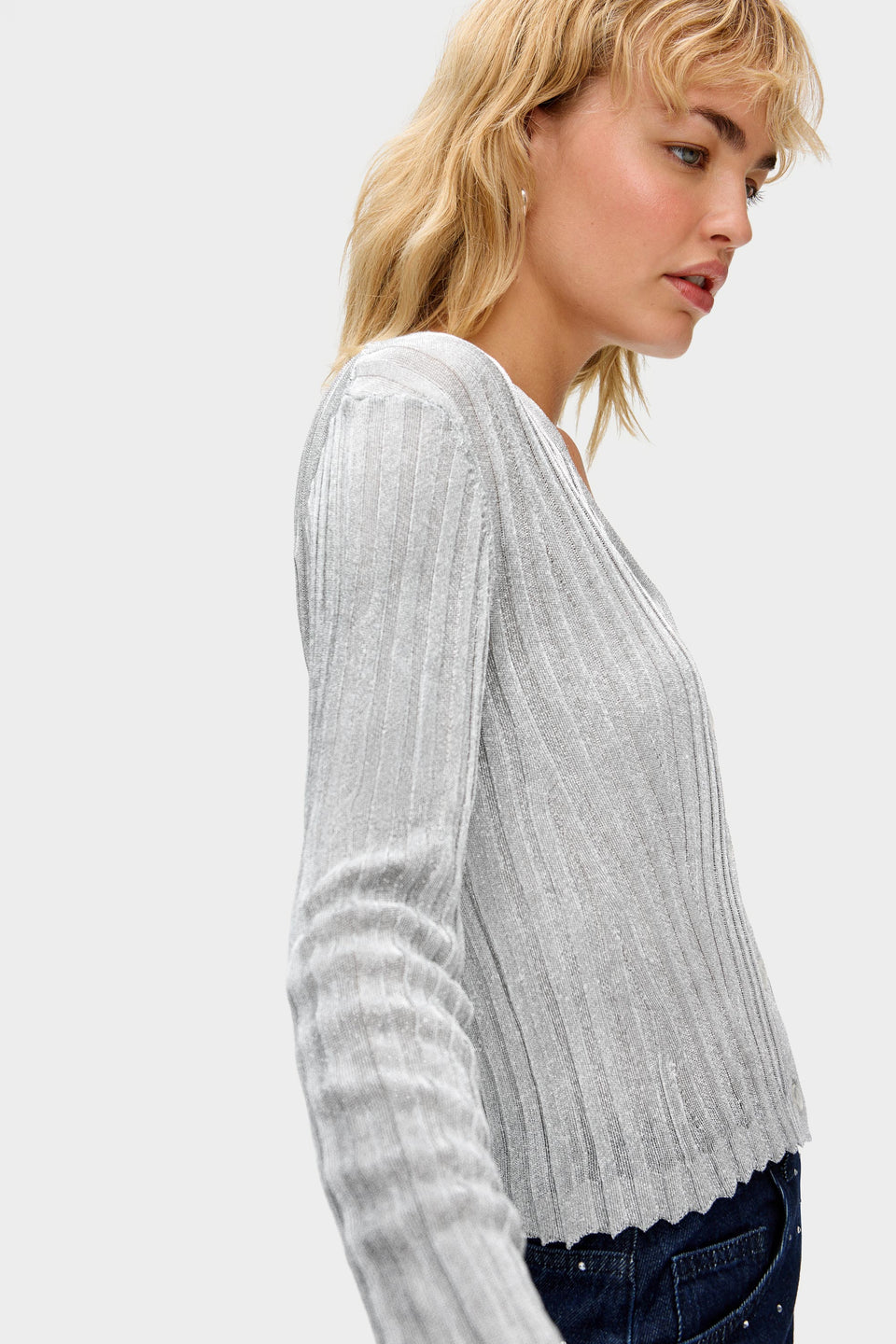 ALIGNE Sparkle V-Neck Knitted Cardigan - Silver | MICHELLE